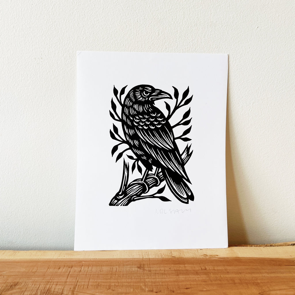 Perched Crow Linocut Art Print - Metaphysical Store – Almanac Supply Co.