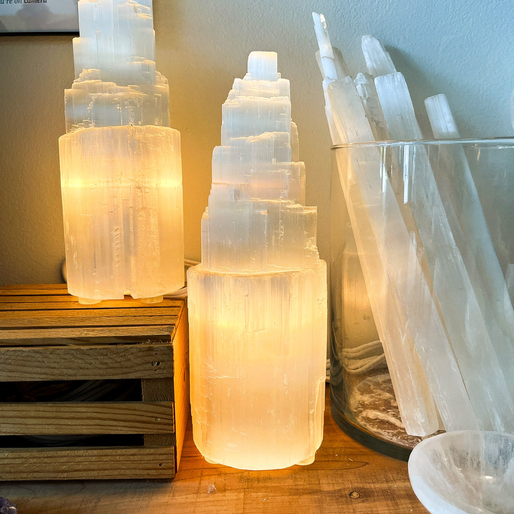 Selenite Tower Lamp - Crystal Decor – Almanac Supply Co.